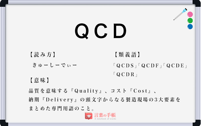 「QCD」の使い方や意味、例文や類義語を徹底解説！ | 「言葉の手帳」様々なジャンルの言葉や用語の意味や使い方、類義語や例文まで徹底解説します。