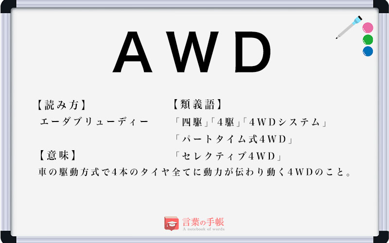 「AWD」の使い方や意味、例文や類義語を徹底解説！ | 「言葉の手帳」様々なジャンルの言葉や用語の意味や使い方、類義語や例文まで徹底解説します。